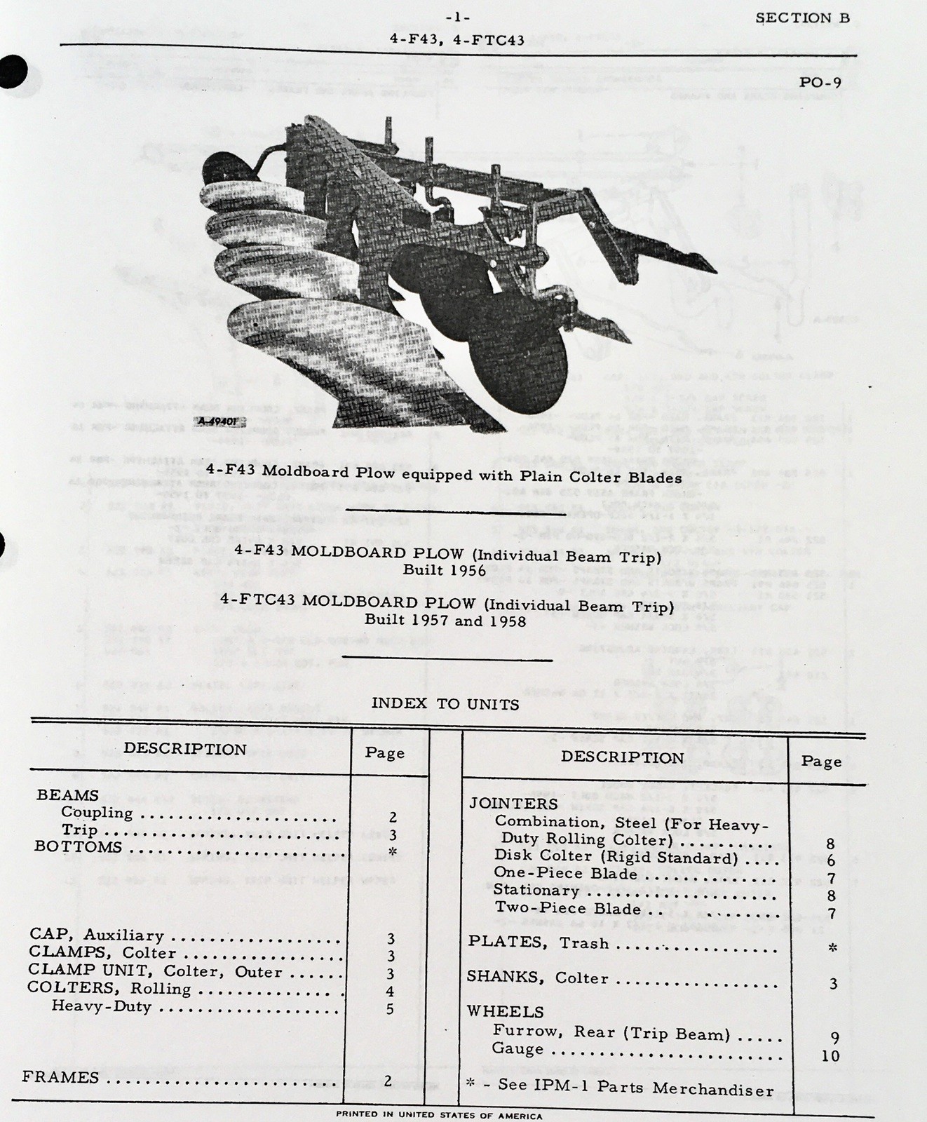Farmall International 4-F43 4-FTC43 Moldboard Plow Parts Manual Catalog ...
